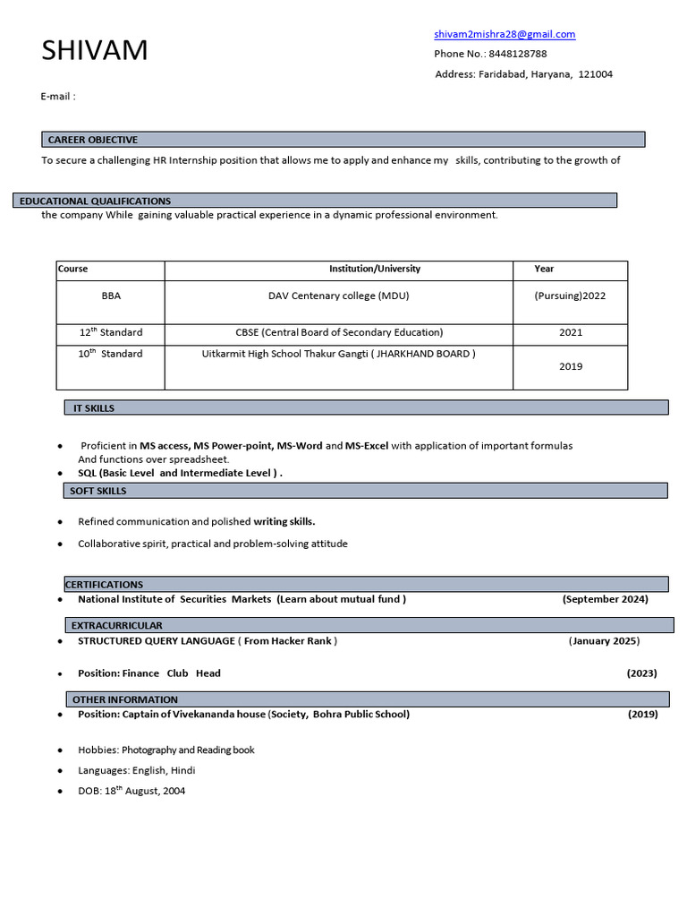 HR Internship Resume of Shivam Mishra | PDF