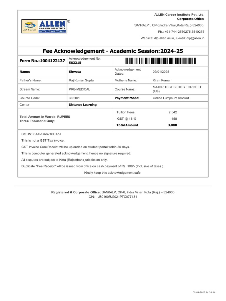 Fee Receipt - 1004122137 - 09-01-2025 14 - 24 - 14 | PDF | Taxation ...