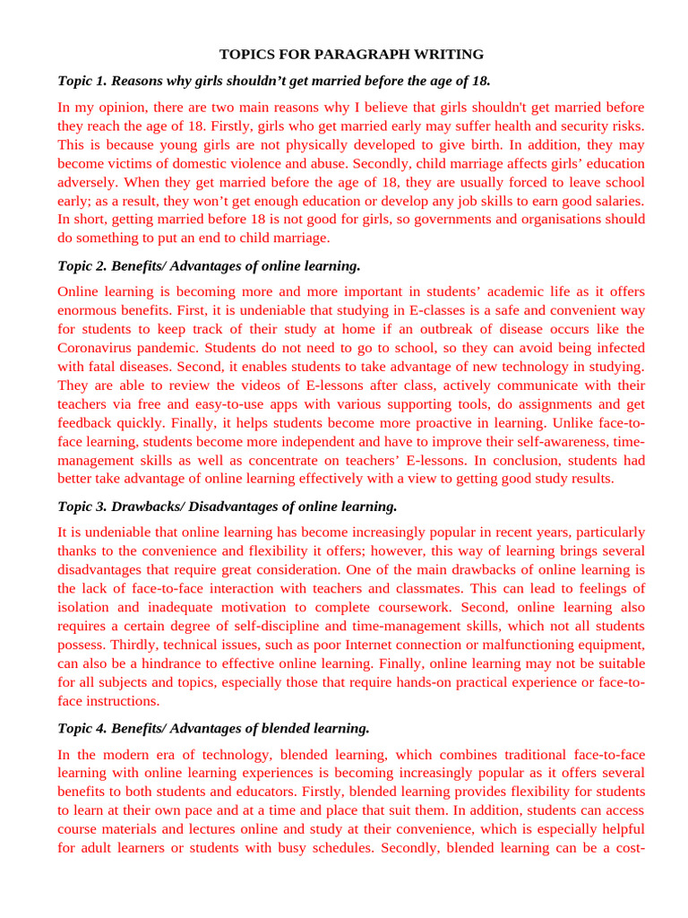 TOPICS FOR PARAGRAPH WRITING | PDF | Educational Technology | Learning