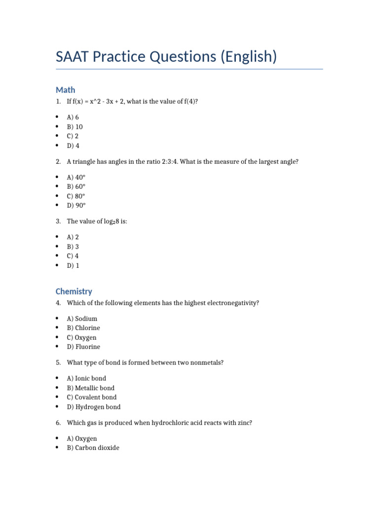SAAT Practice Questions and Answers | PDF