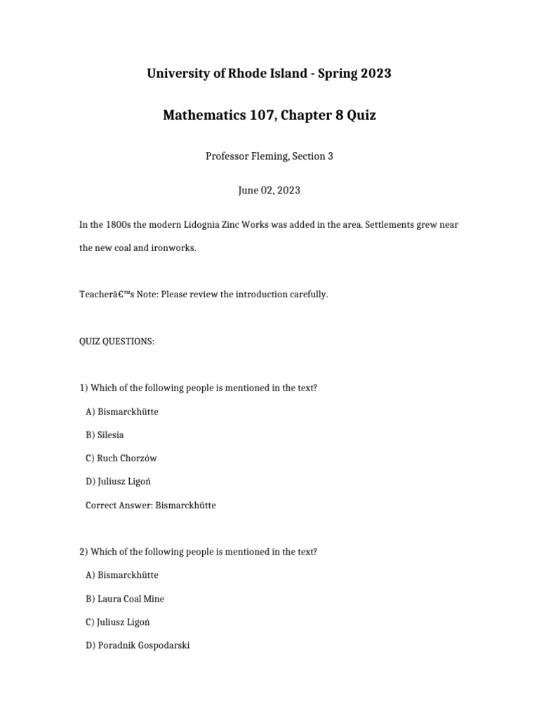 Mathematics 107 Chapter 8 Quiz | PDF