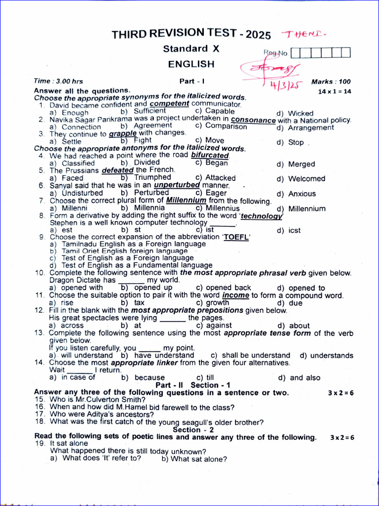 10th English 3rd Revision Exam 2025 Question Paper With Answer Keys ...