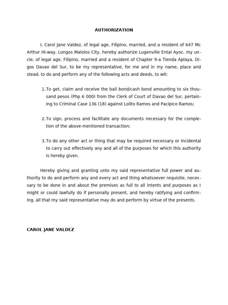 Authorization Letter Ate Beng | PDF