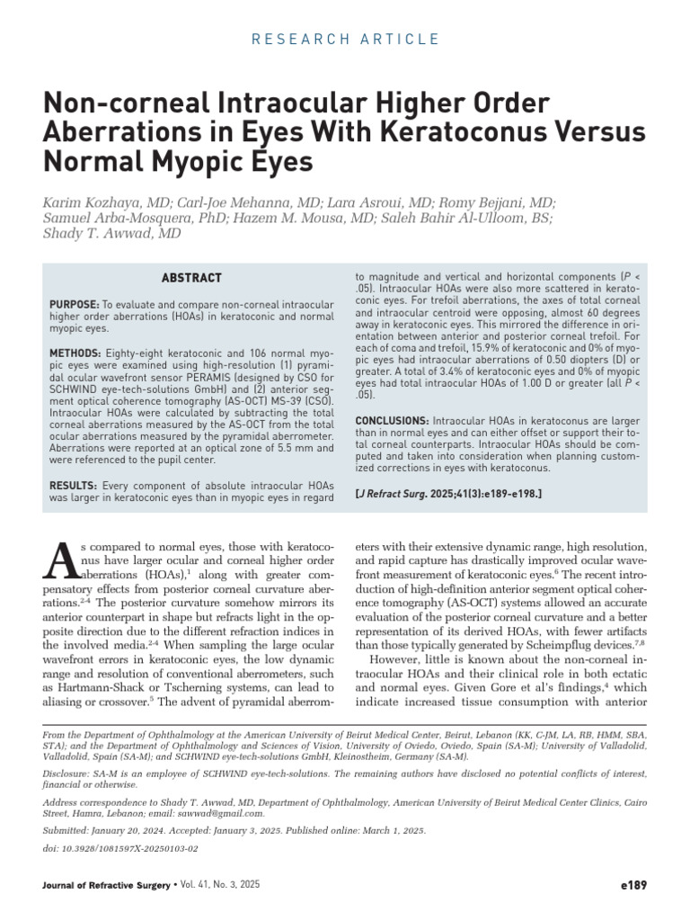 Non-Corneal Intraocular Higher Order Aberrations in Eyes With Keratoconus Versus Normal Myopic ...