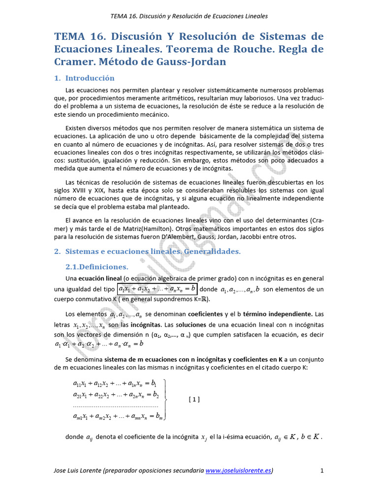 TEMA 16 Lorente | PDF | Sistema de ecuaciones lineales | Ecuaciones