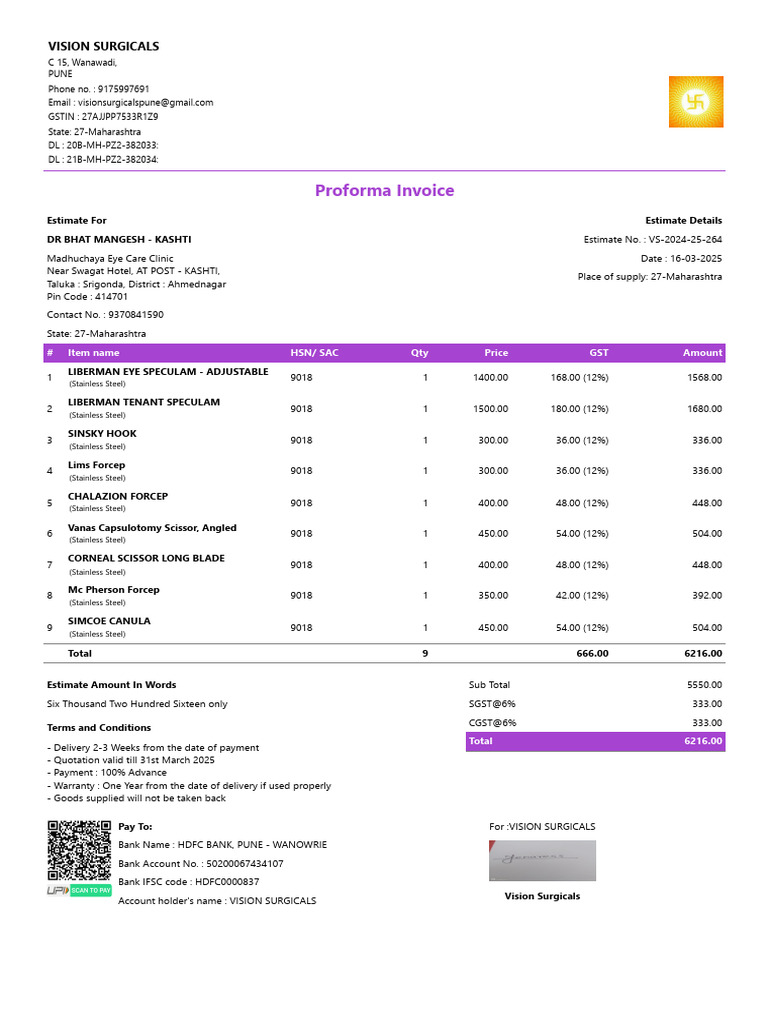 Instruments Stainless Steel Proforma Invoice - VS-2024-25-264 - 16 - 03 ...