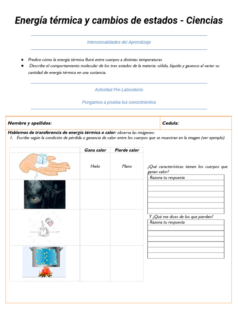 Hoja de Actividades Energia Termica y Cambios de Estados | PDF | Calor ...