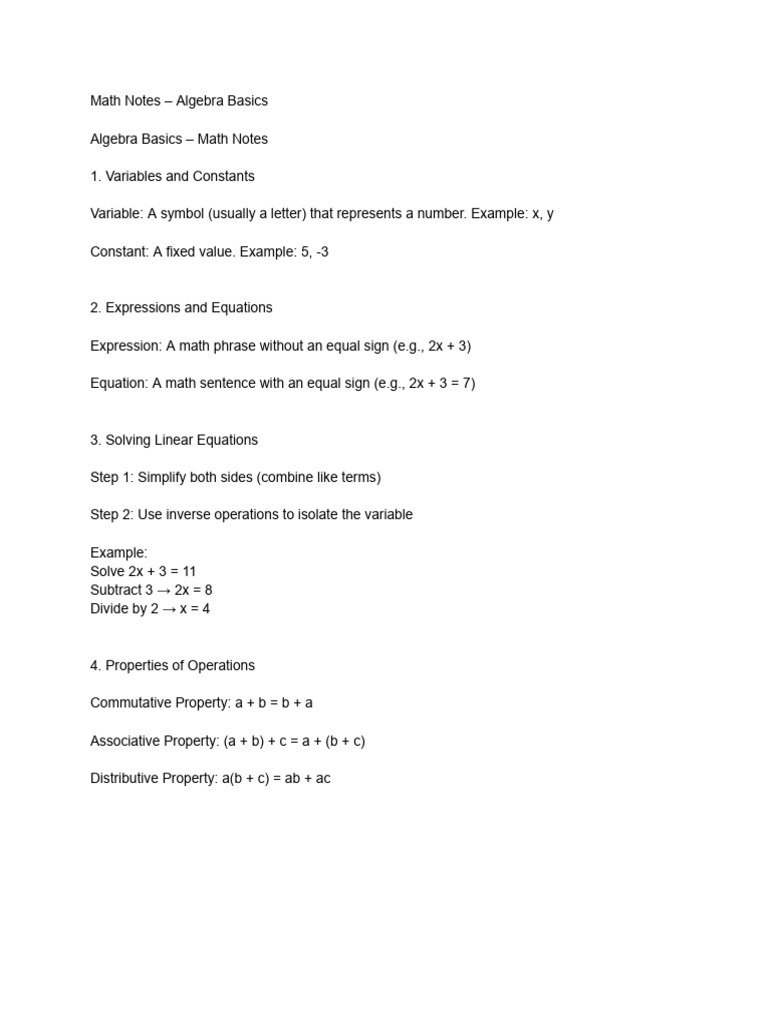 Math Notes – Algebra Basics | PDF