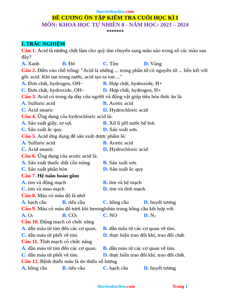 thuvienhoclieu.com-De-cuong-on-tap-HK1-KHTN-8-nam-23-24 | PDF