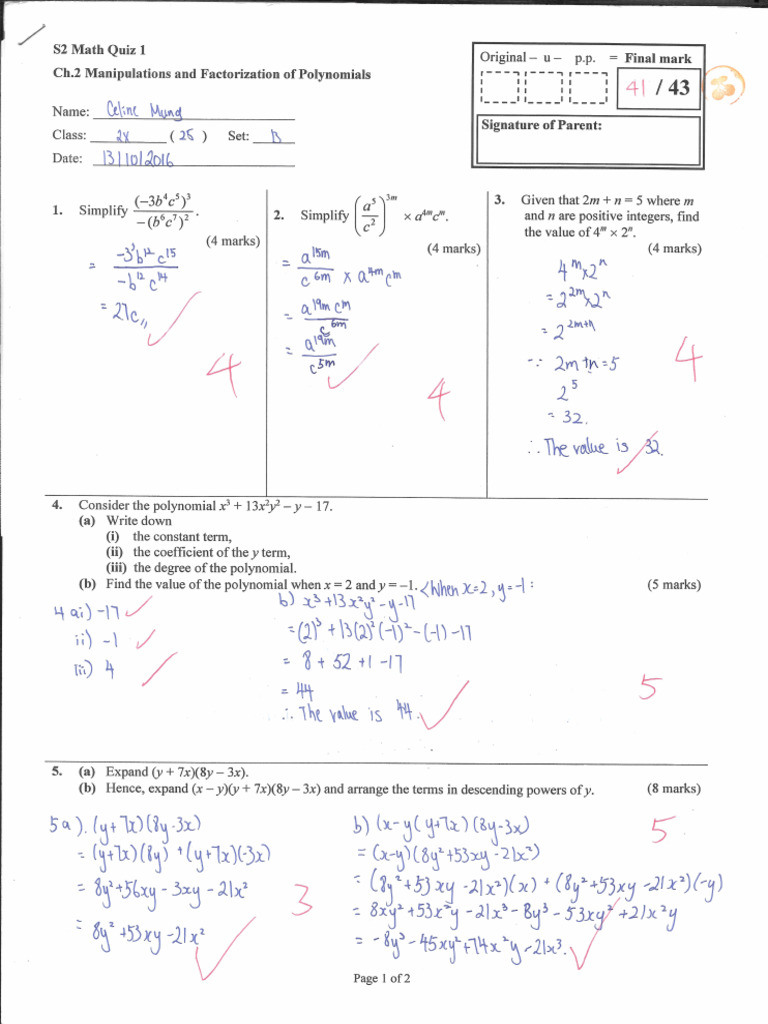 s2 Math Quiz 1 | PDF