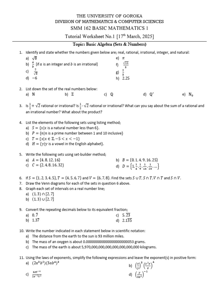 SMM 162 Tutorial Work Sheet 1 | PDF | Numbers | Rational Number