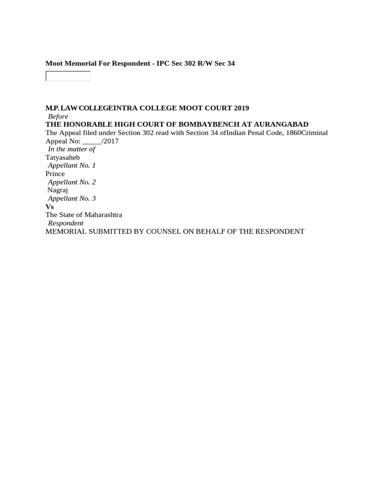 Moot Memorial For Respondent | PDF | Mens Rea | Traumatic Brain Injury