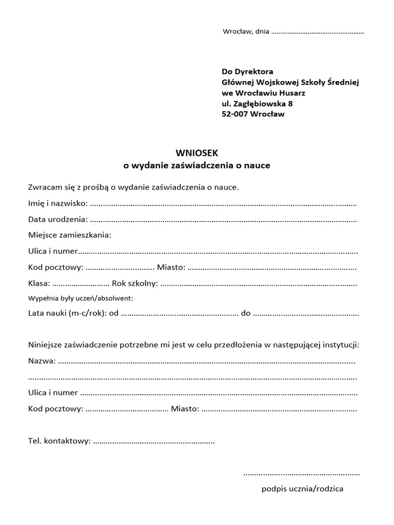 Husarz Wniosek o Wydanie Zaświadczenia | PDF