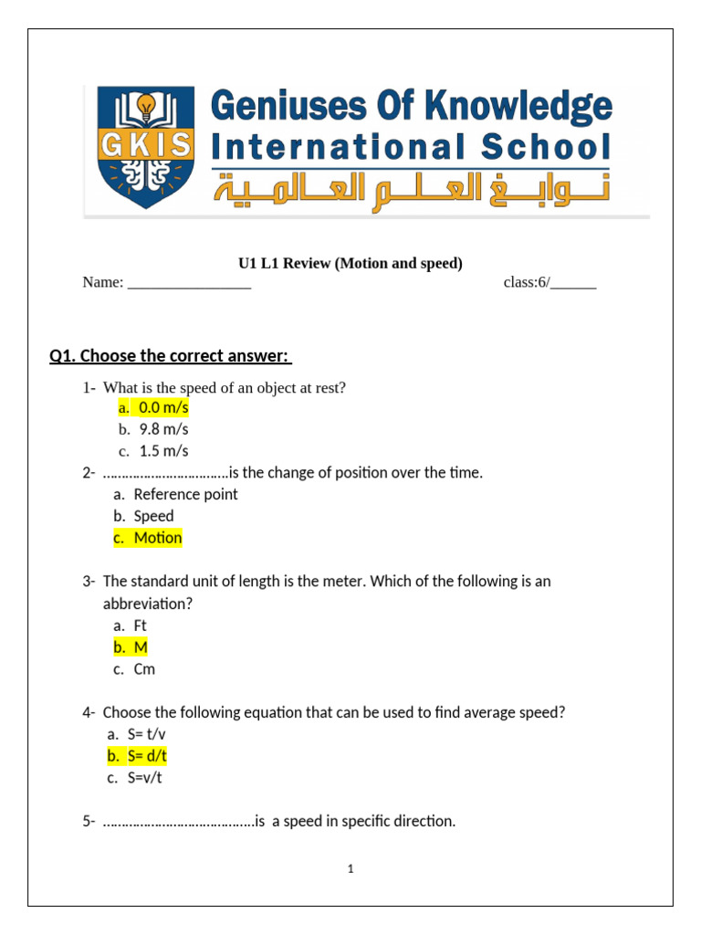 Review U1 L 1 Motion and Speed - Answer Key | PDF | Speed | Velocity