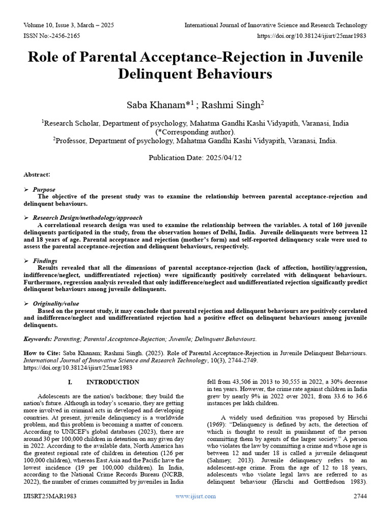 Role of Parental Acceptance-Rejection in Juvenile Delinquent Behaviours ...