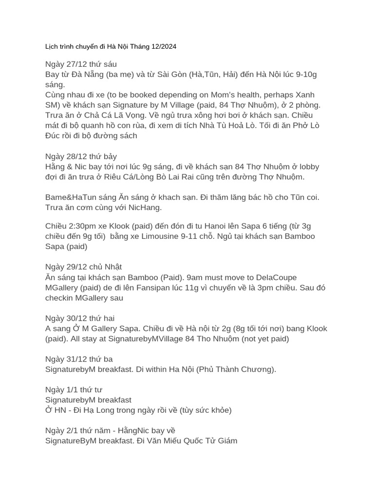 Lịch trình Hanoi Dec24 | PDF