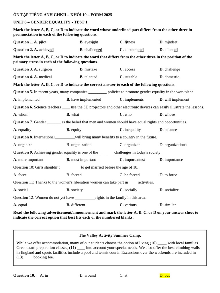 K10 - TEST ÔN TẬP GKII FORM 2025 - HS | PDF | Woman | Gender Inequality