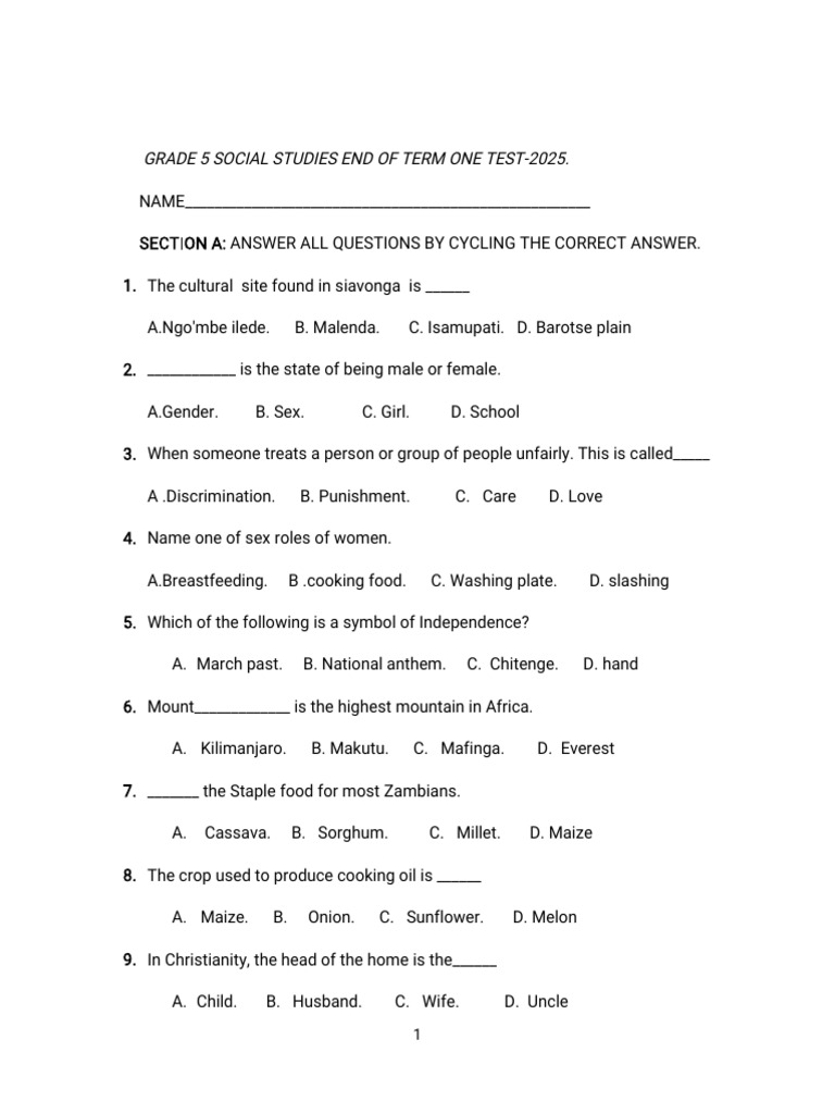 Grade 5 Social Studies Term 1 Test 2025 | PDF | Zambia