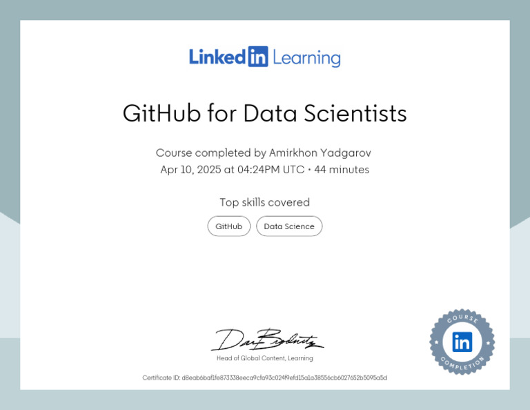 CertificateOfCompletion - GitHub For Data Scientists | PDF