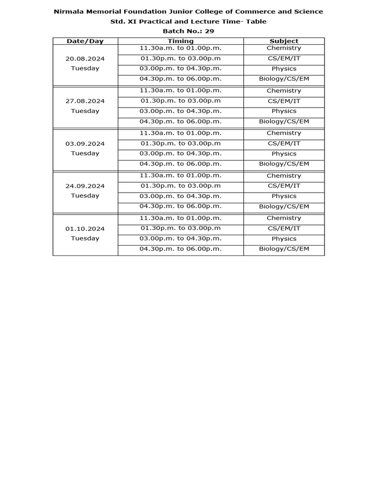 Practical TimeTable - LAKSHYA | PDF | Natural Sciences | Physical Sciences