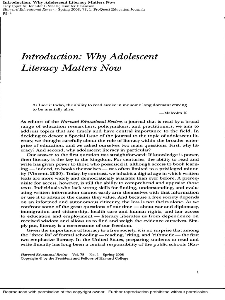 Introduction: Why Adolescent Literacy Matters Now | PDF