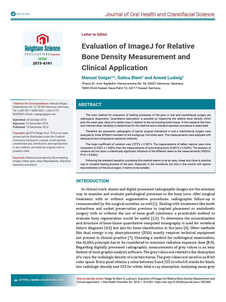 Evaluation of ImageJ For Relative Bone Density Mea | PDF | Radiography | Radiology