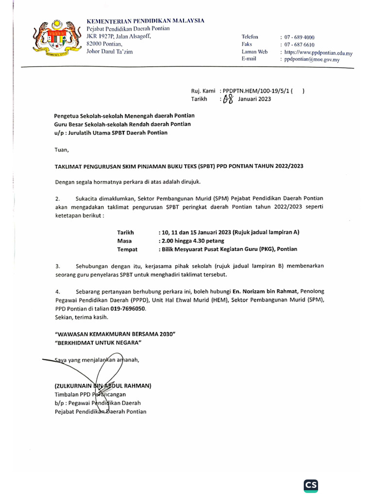 Surat Taklimat JU SPBT Pontian | PDF