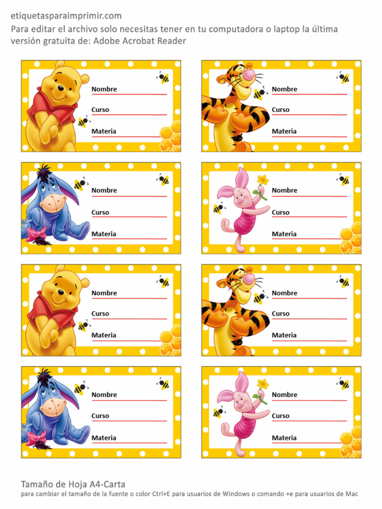 Etiquetas Escolares de Winnie Pooh para Imprimir | PDF