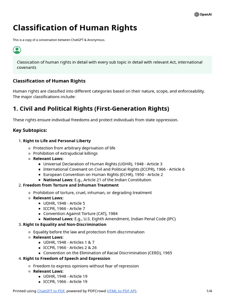Classification of Human Rights | PDF | Human Rights | Children's Rights