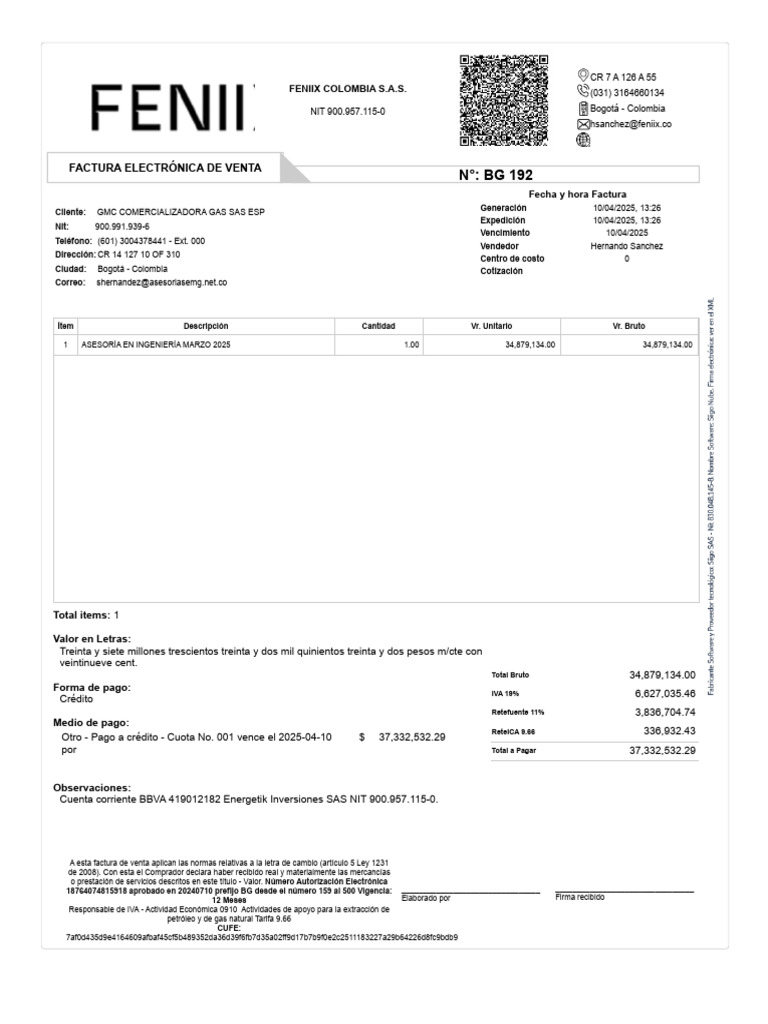 Factura BG192 GMC COMERCIALIZADORA GAS SAS ESP | PDF | Economias