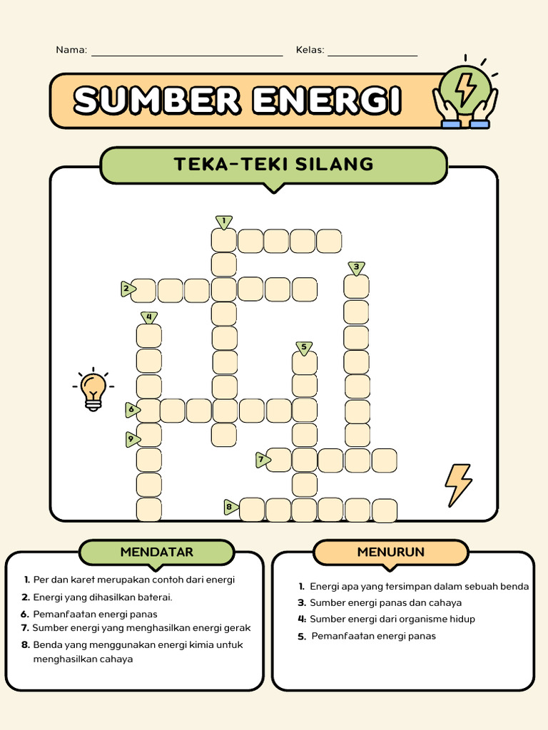 Sumber Energi Lembar Kerja Pendidikan IPAS Teka-Teki Silang Ilustrasi Garis | PDF