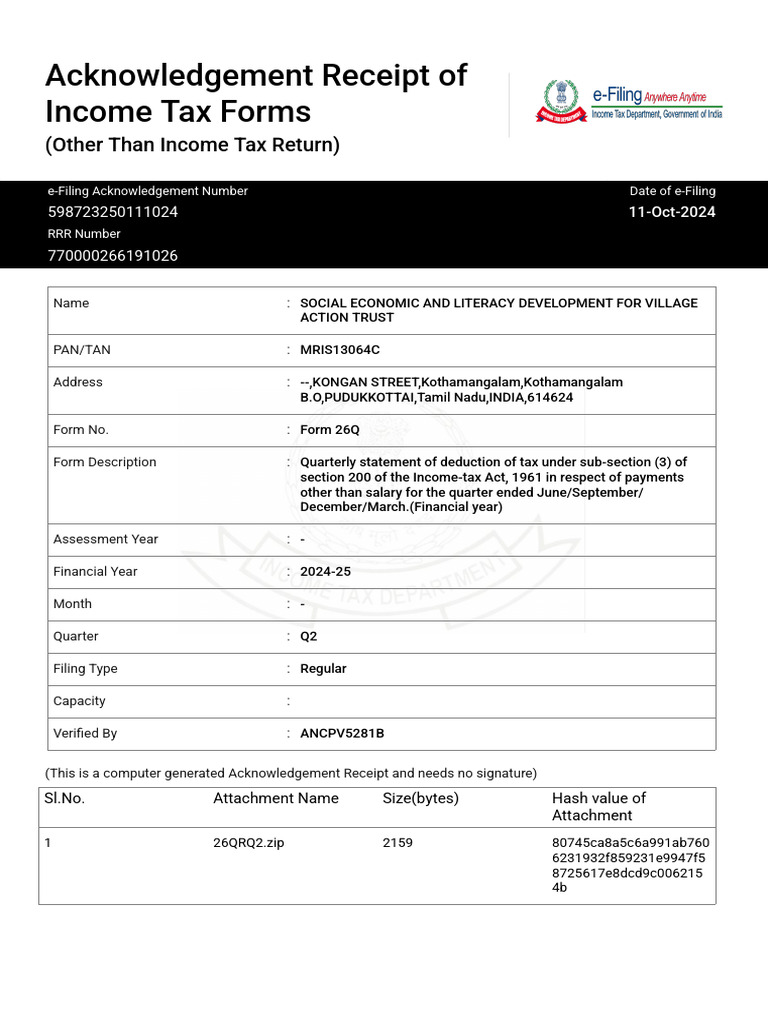 Income Tax Acknowledgement Receipt Q2 | PDF