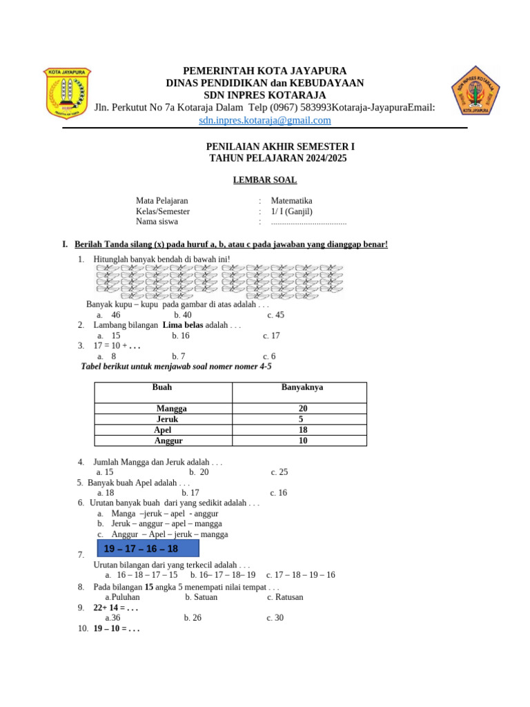soal ulangan MTK KLS I SMSTR I | PDF