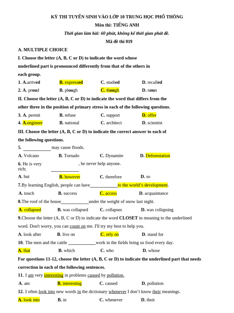 Key Test 19 - Entrance Exam Practice Test | PDF | Pollution | Water