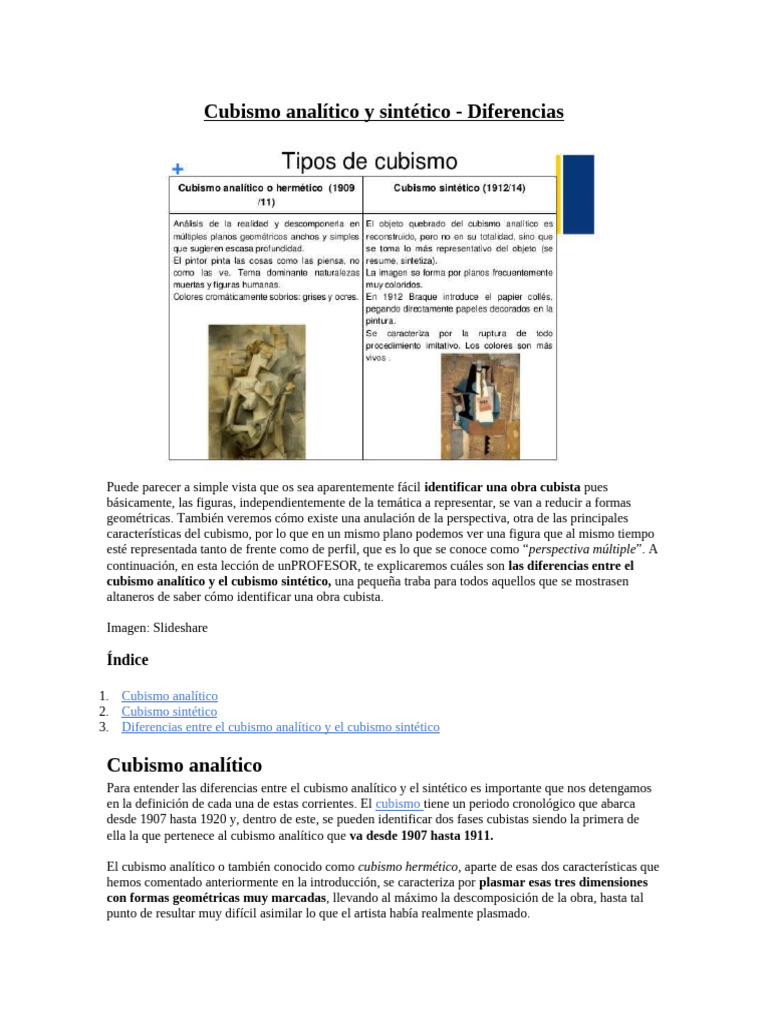 Diferencias entre cubismo analítico y sintético | PDF | Cubismo | Arte ...