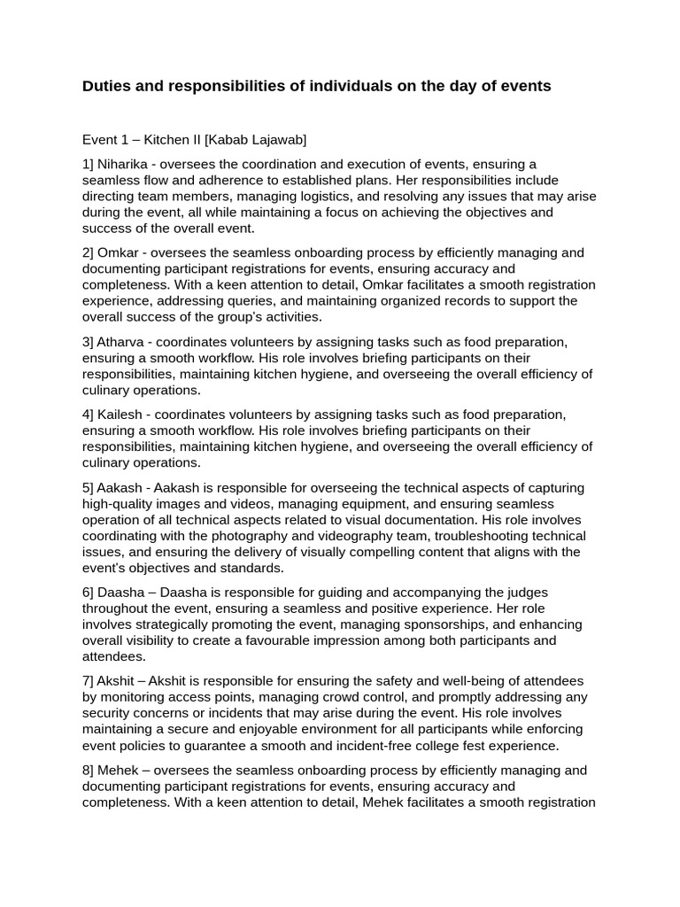 Duties and Responsibilities of Individuals On The Day of Events-1 | PDF | Business