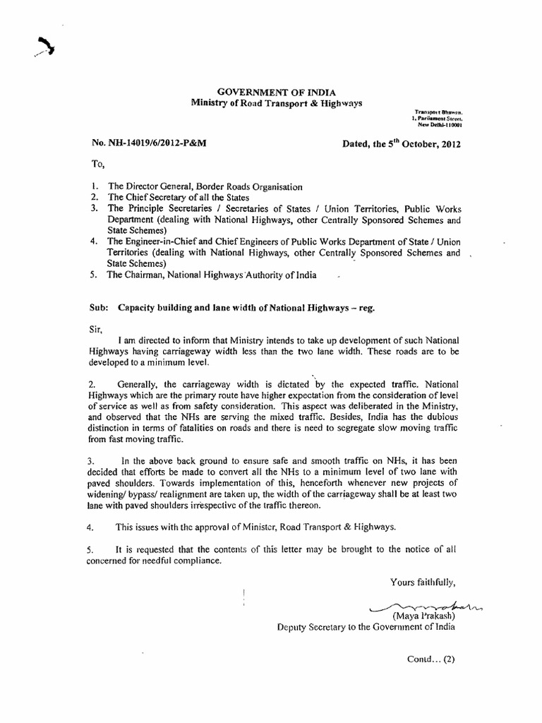 Minimum Width of National Highways 05.10.2012 | PDF | Traffic | Lane