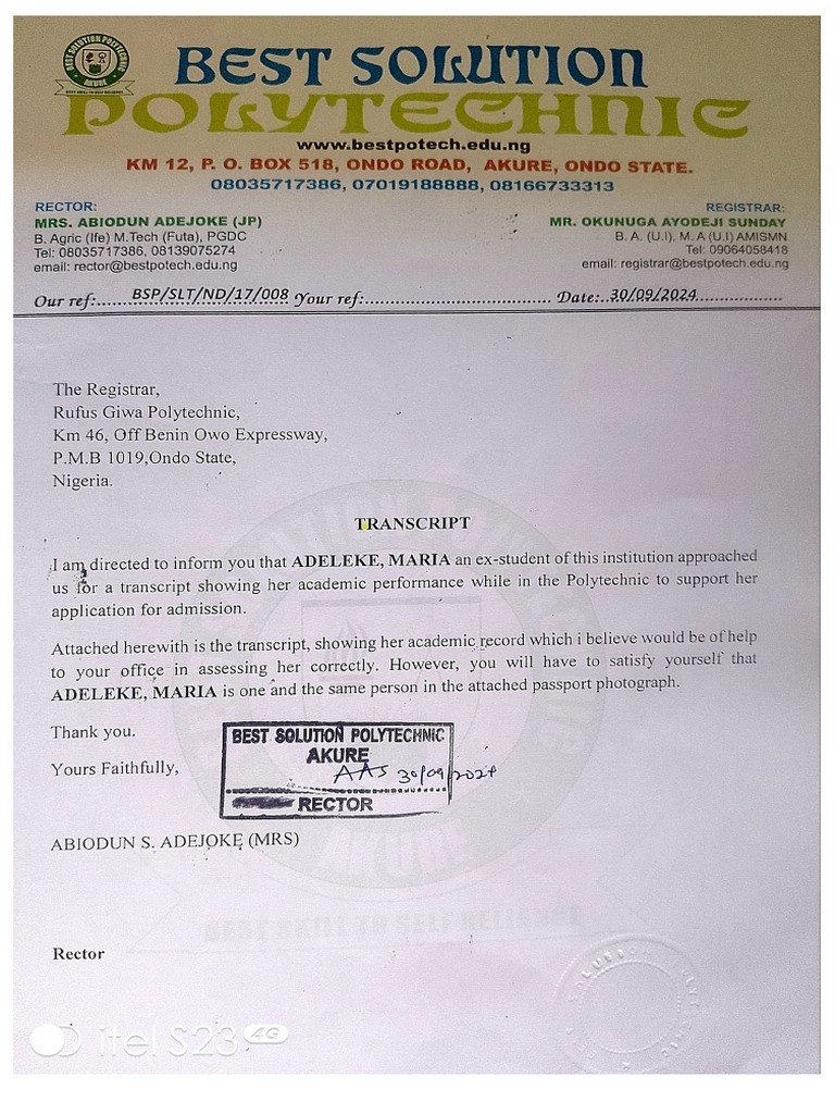 Adeleke Maria Transcript | PDF