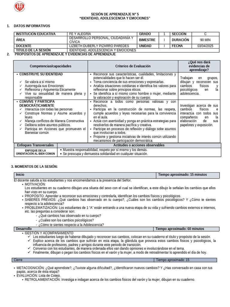 Sesión de Aprendizaje - DPCC 1C (03-04) | PDF | Aprendizaje | Las emociones