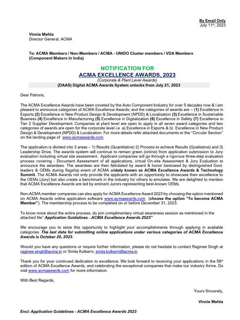 ACMA EXCELLENCE AWARDS 2023 - Notification (R1) | PDF