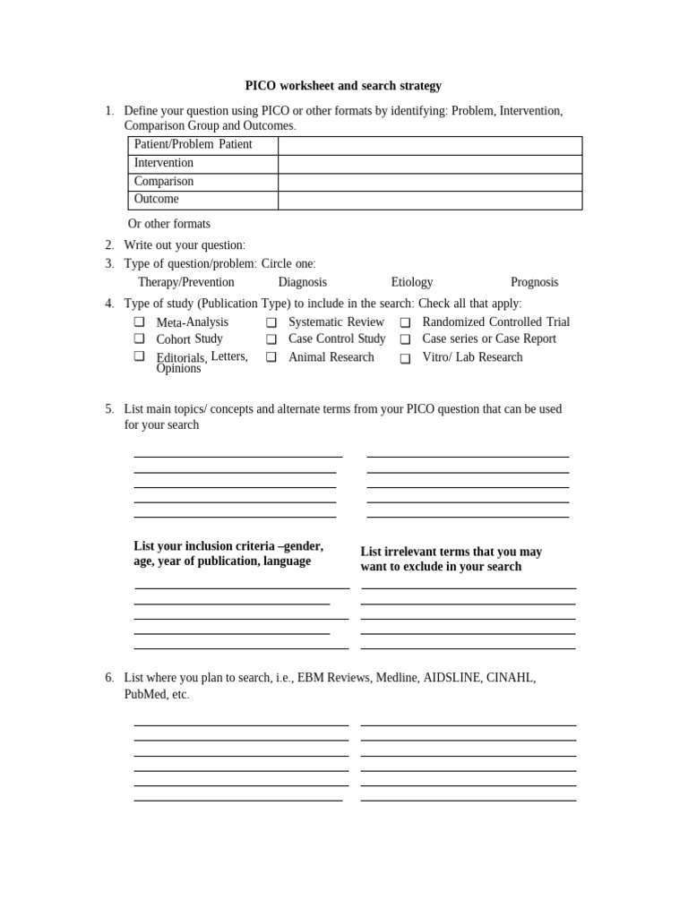PICO Worksheet for Research Strategy | PDF