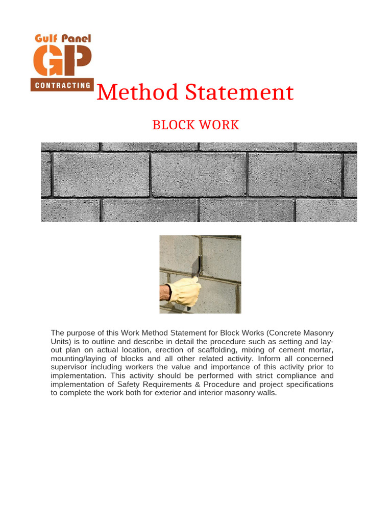 Blockwork Method Statement for NESMA Villa | PDF | Concrete | Masonry