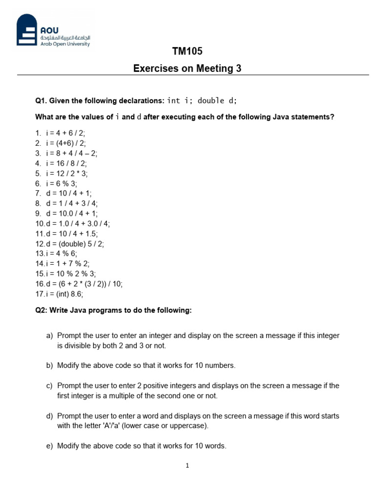 TM105-Meeting 3-Exersices | PDF | Integer (Computer Science) | Object ...