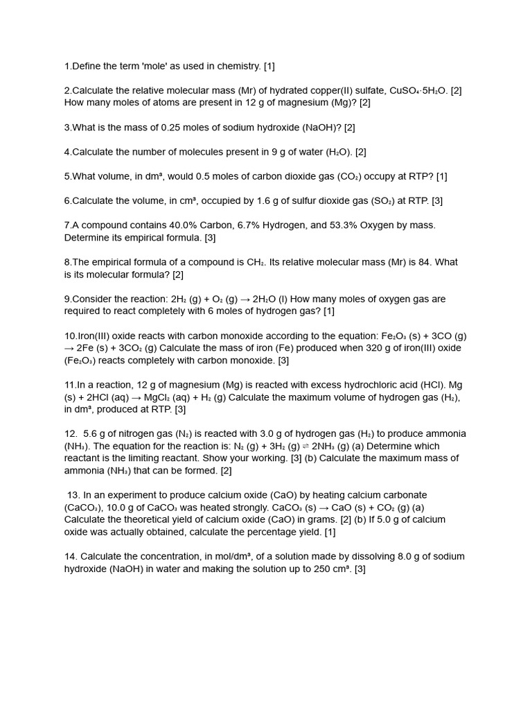 Chem Moles Test | PDF