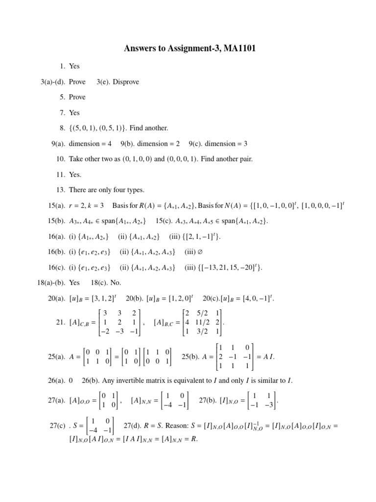 Assignment-3 Answers for MA1101 | PDF | Algebra | Linear Algebra