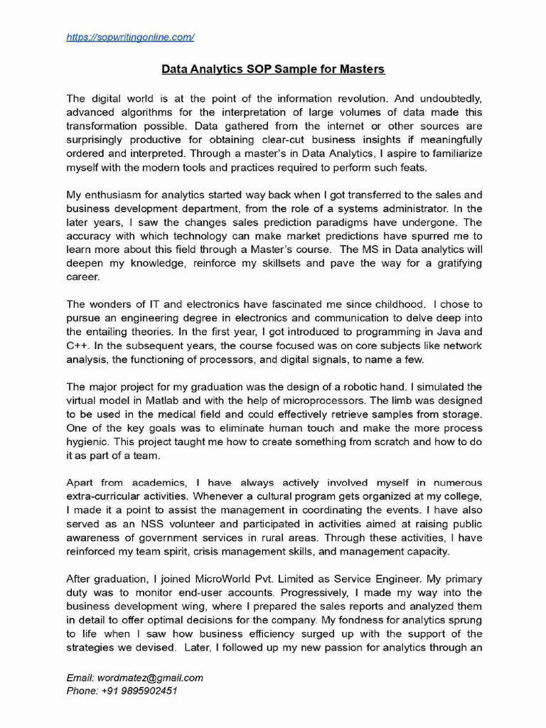 Data Analytics SOP Sample For MS PDF | PDF