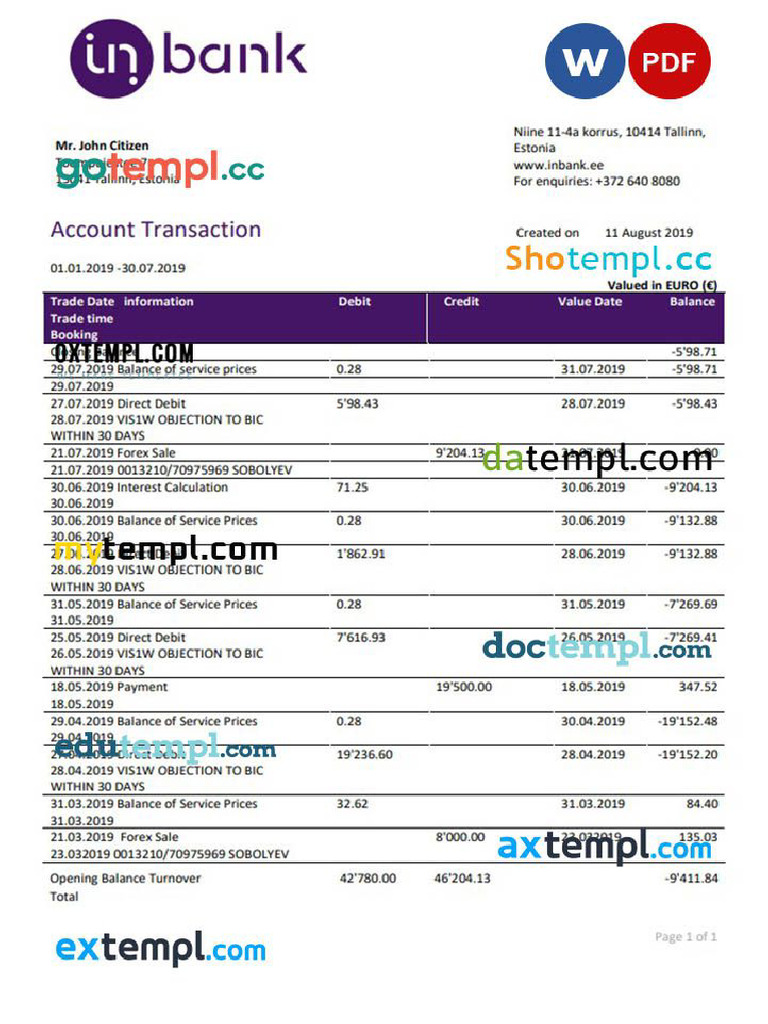 Doctempl - Estonia Inbank Bank Statement Template Word and PDF | PDF