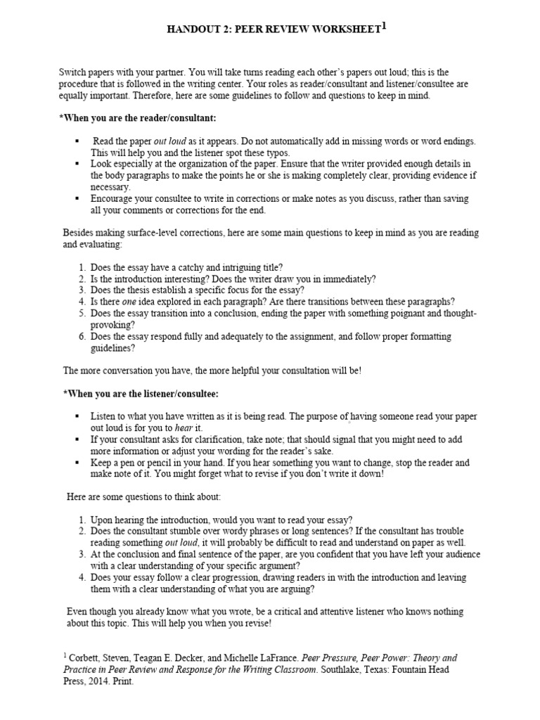 Guidelines For Writing Center Consulting and Peer Review Worksheet ...