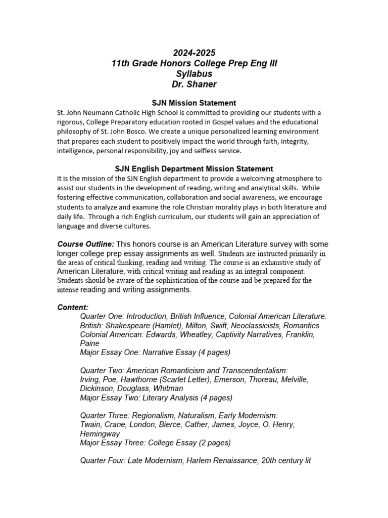 SJN Syllabus-11th Grade Honors College Prep Eng III-Shaner-2024-2025 ...