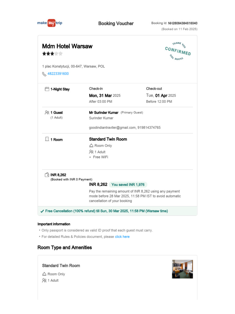 Standard Twin Room Booking Details | PDF | Credit Card | Debit Card